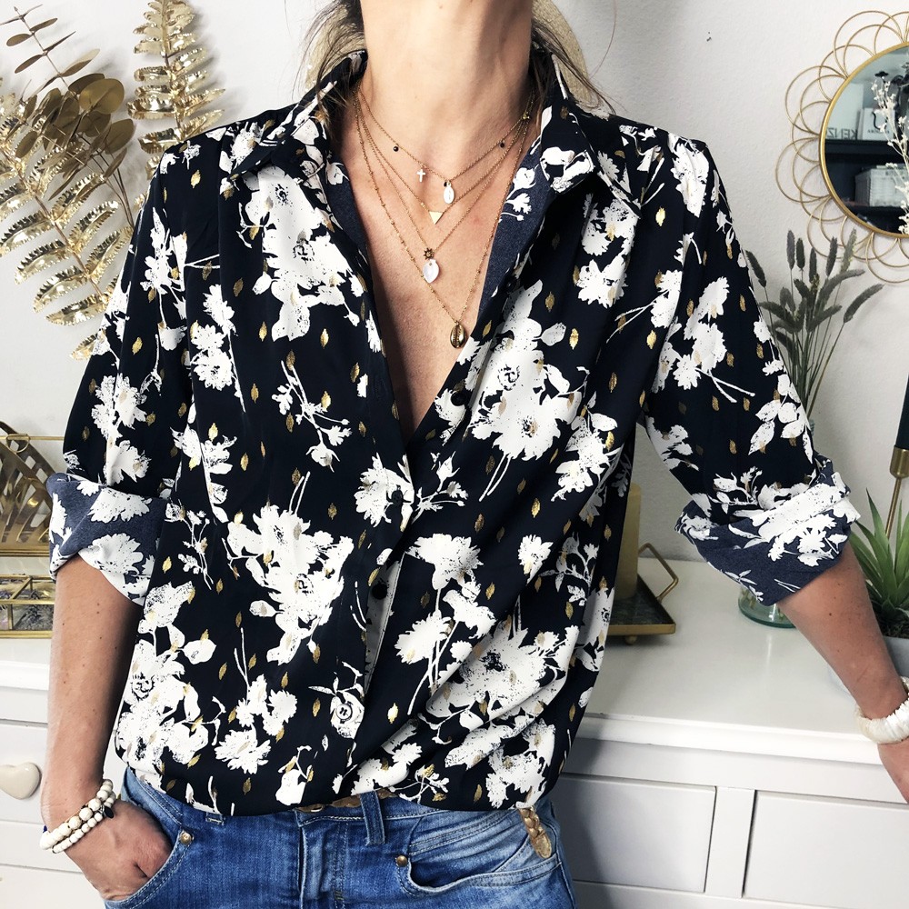 Chemise Femme Noir Imprimée Floral En Blanc Or